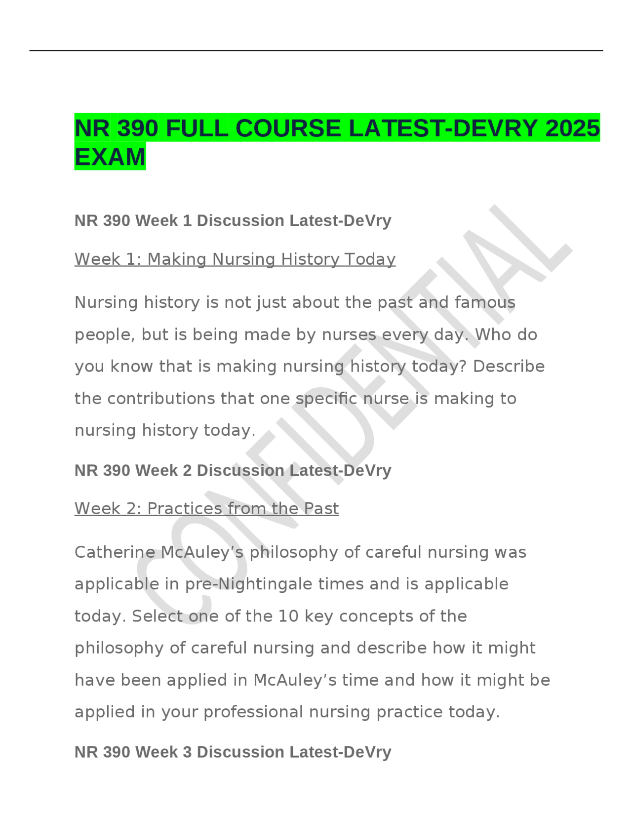 NR 390: Nursing History - Course Project and Discussion Topics | Exams ...