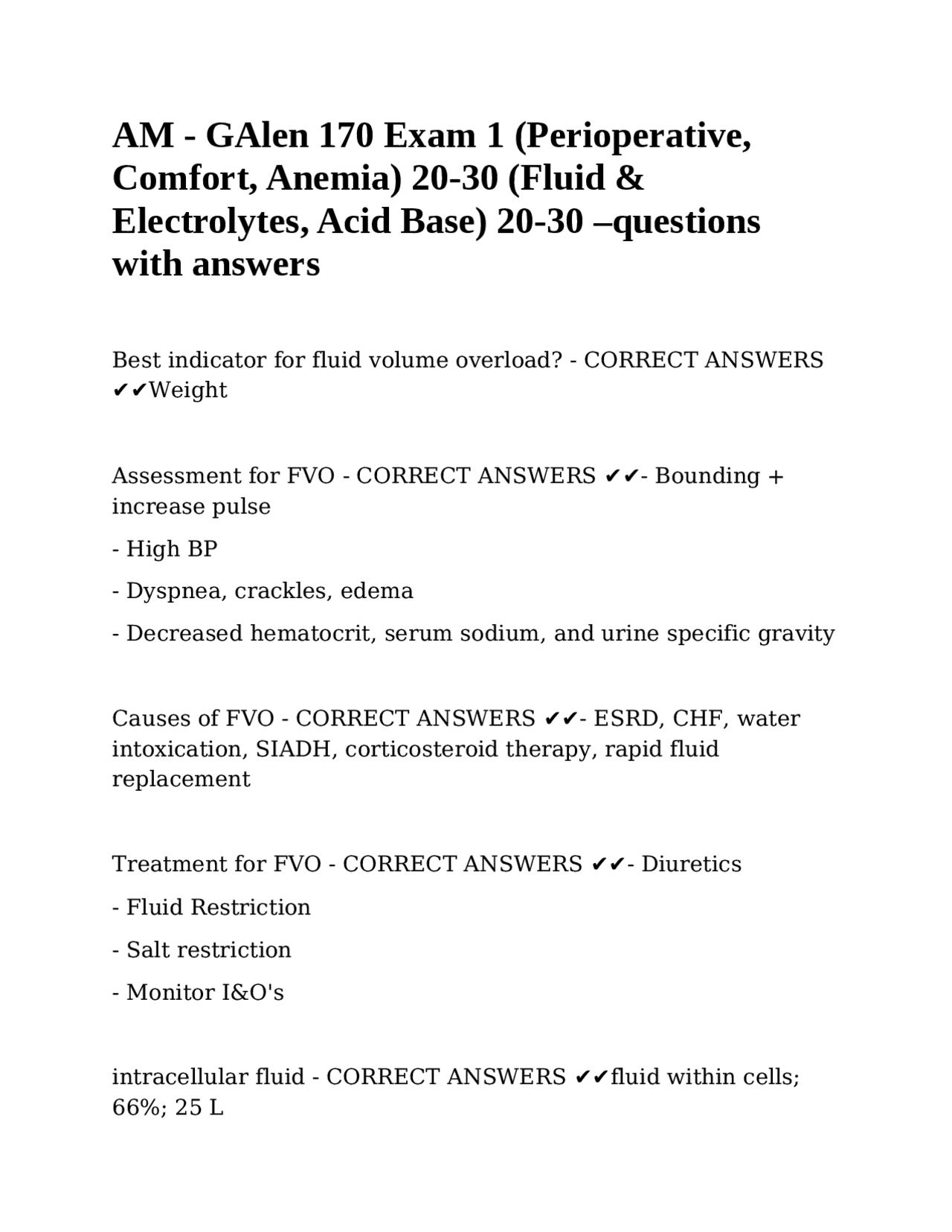 GALEN 170 Exam 1: Perioperative, Comfort, Anemia, Fluid & Electrolytes ...