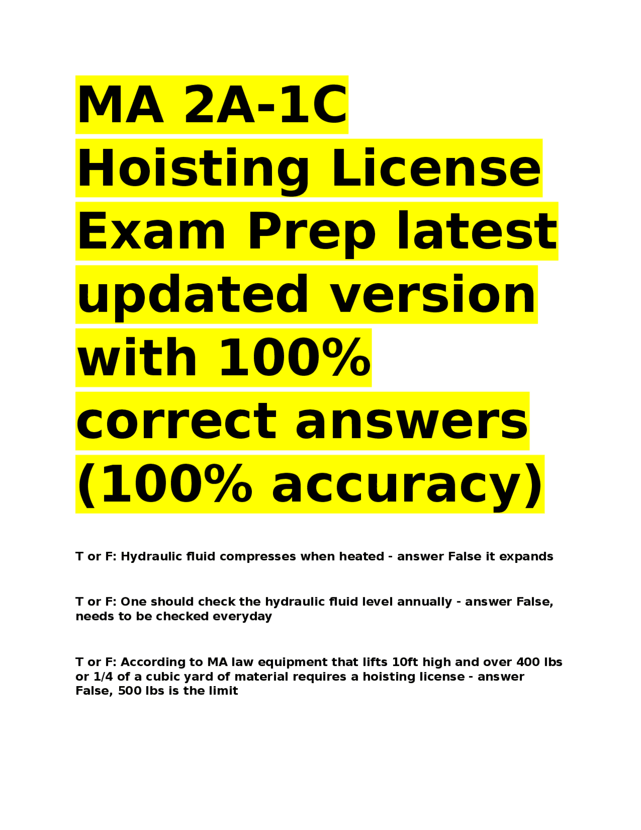MA 2A-1C Hoisting License Exam Prep latest updated version with 100% ...