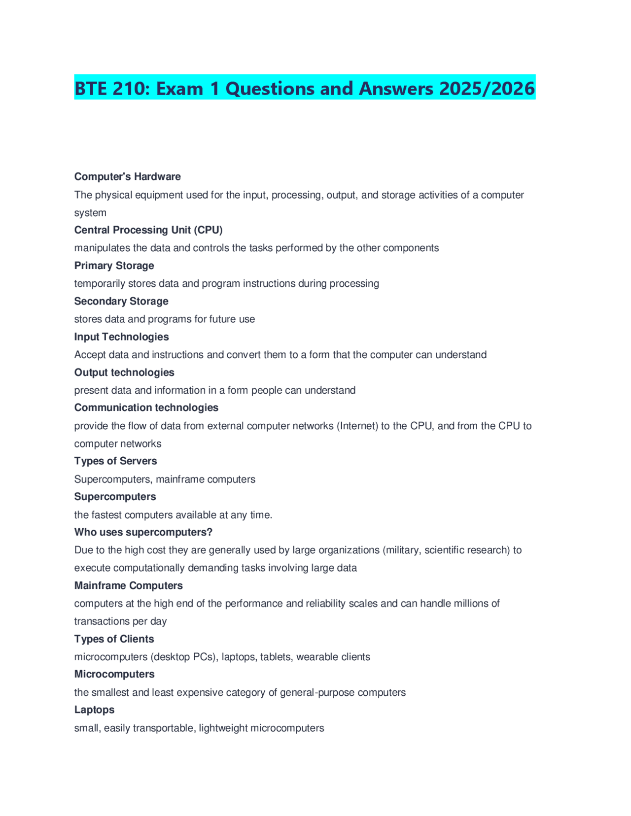 BTE 210: Exam 1 Questions and Answers - Computer Hardware Fundamentals | Exams Computer Networks ...