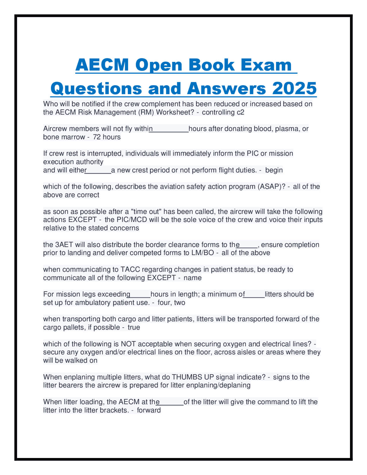 AECM Open Book Exam Questions and Answers 2025 | Exams Nursing | Docsity