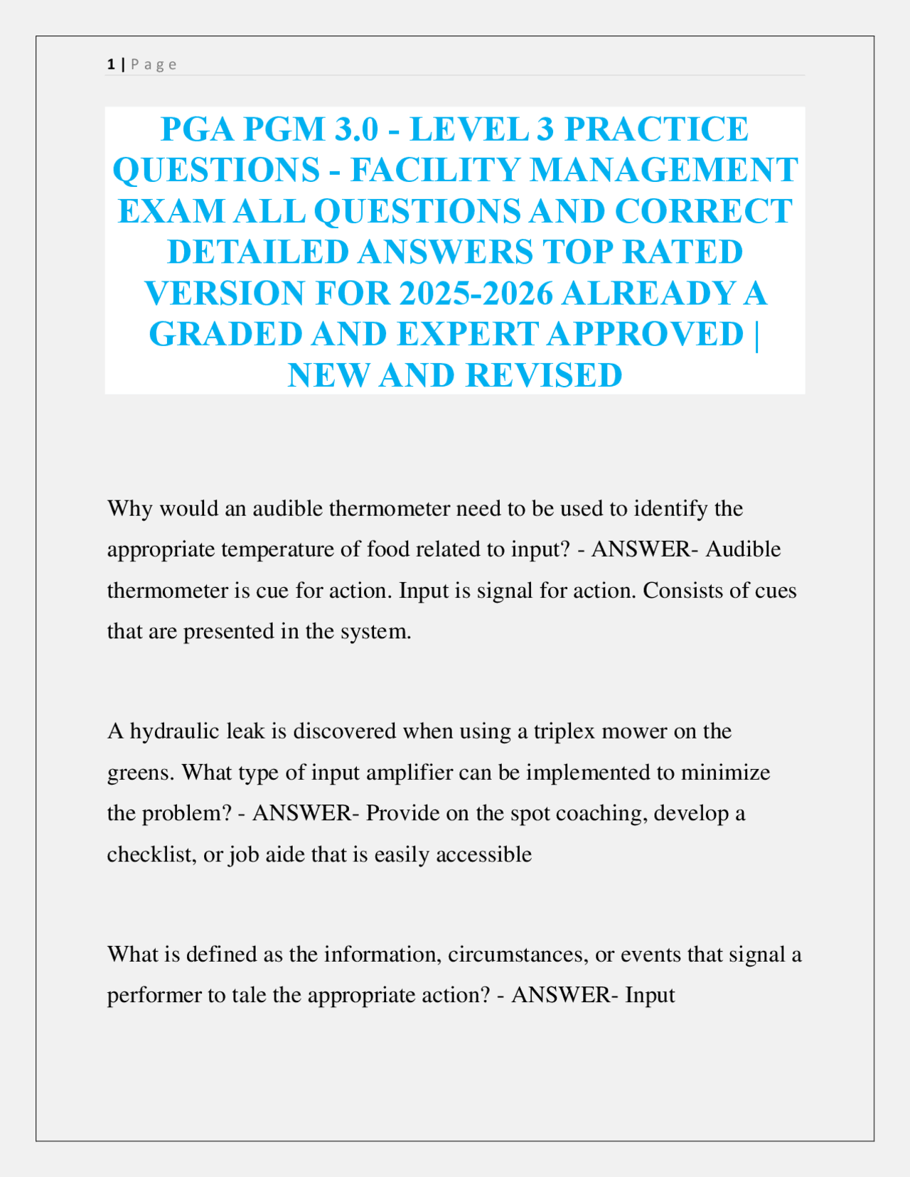 PGA PGM 3.0 - LEVEL 3 PRACTICE QUESTIONS - FACILITY MANAGEMENT EXAM ALL QUESTIONS AND CORR ...