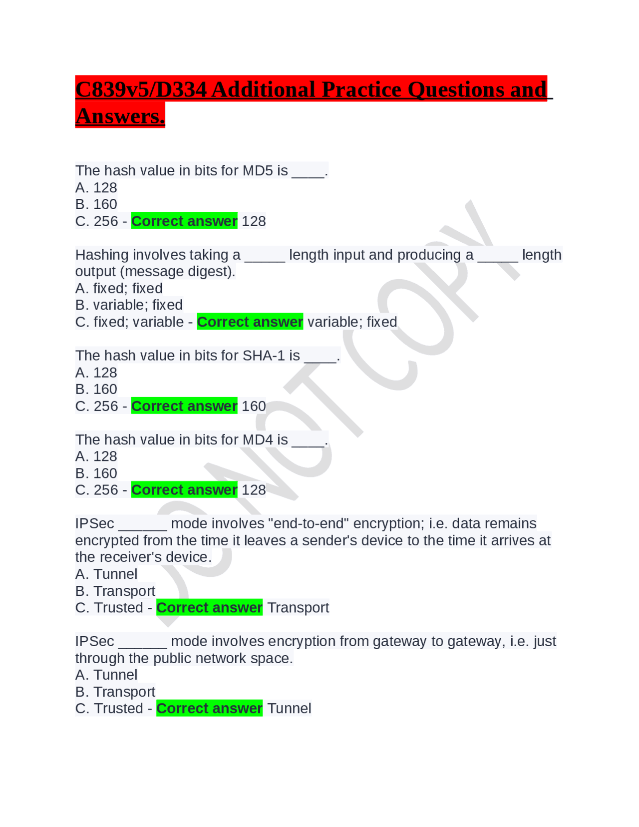 Cryptography Practice Questions and Answers | Exams Nursing | Docsity