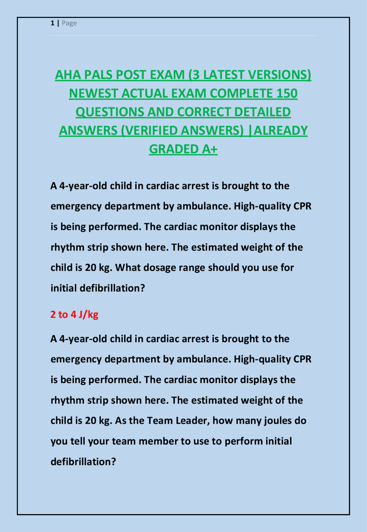 AHA PALS POST EXAM (3 LATEST VERSIONS) NEWEST ACTUAL EXAM COMPLETE 150 ...
