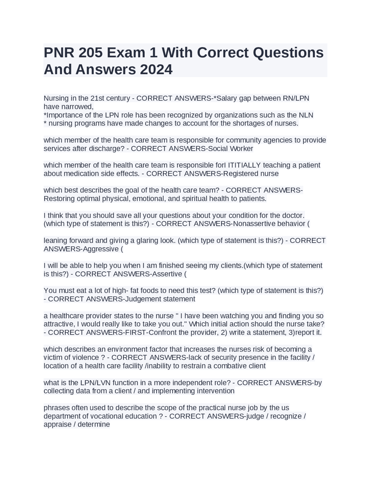 PNR 205 Exam 1: Nursing in the 21st Century - Questions and Answers ...