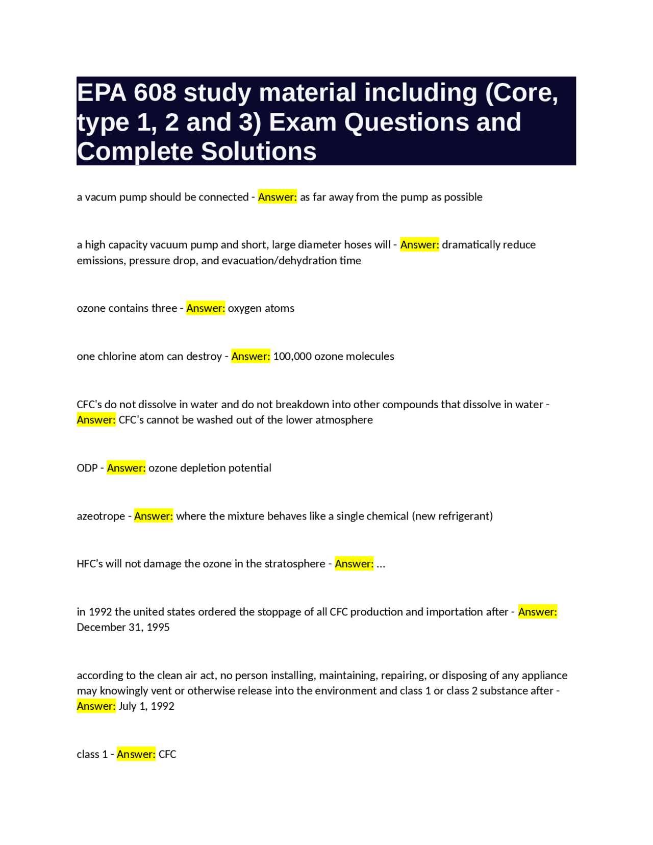 EPA 608 Study Material: Exam Questions and Solutions | Exams Law | Docsity