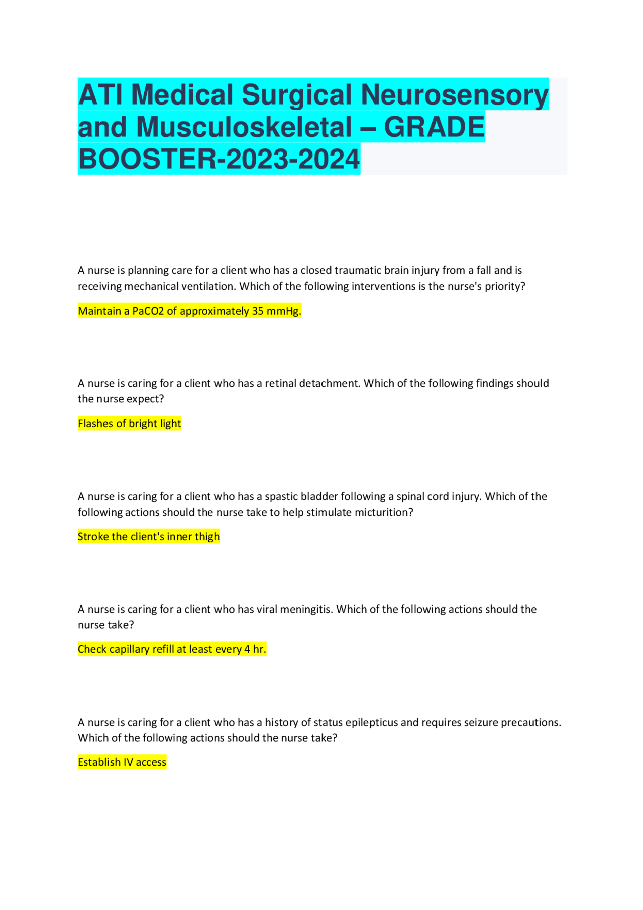 ATI Medical Surgical: Grade Booster 2023-2024 Practice | Exams Health ...