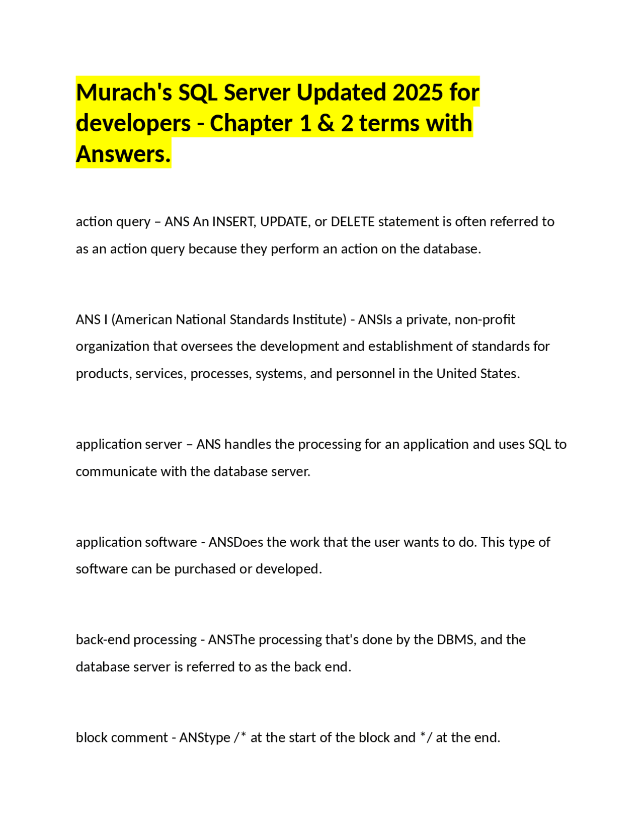 Murach's SQL Server Updated 2025 for Developers: Chapter 1 & 2 Terms with Answers | Exams ...