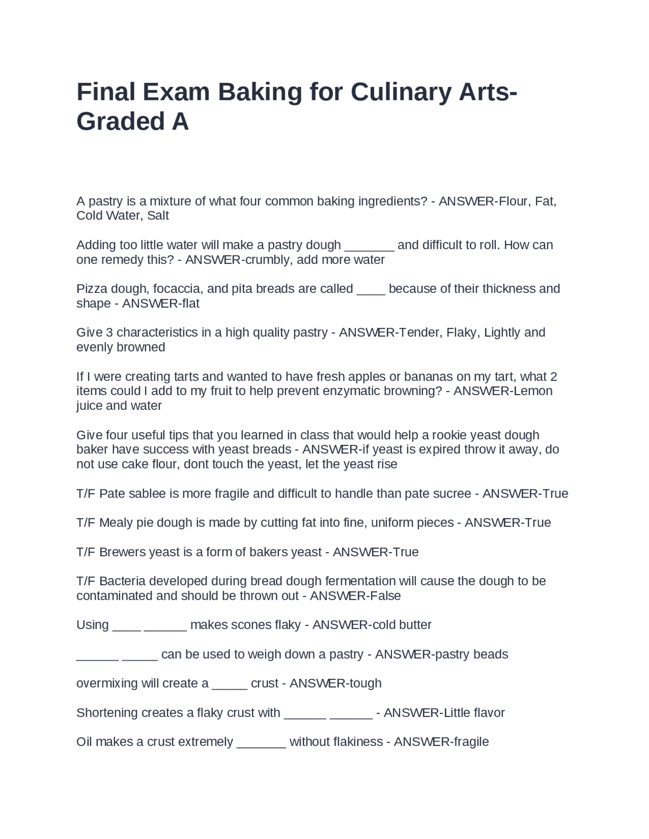 Baking for Culinary Arts: Final Exam Questions and Answers | Exams ...