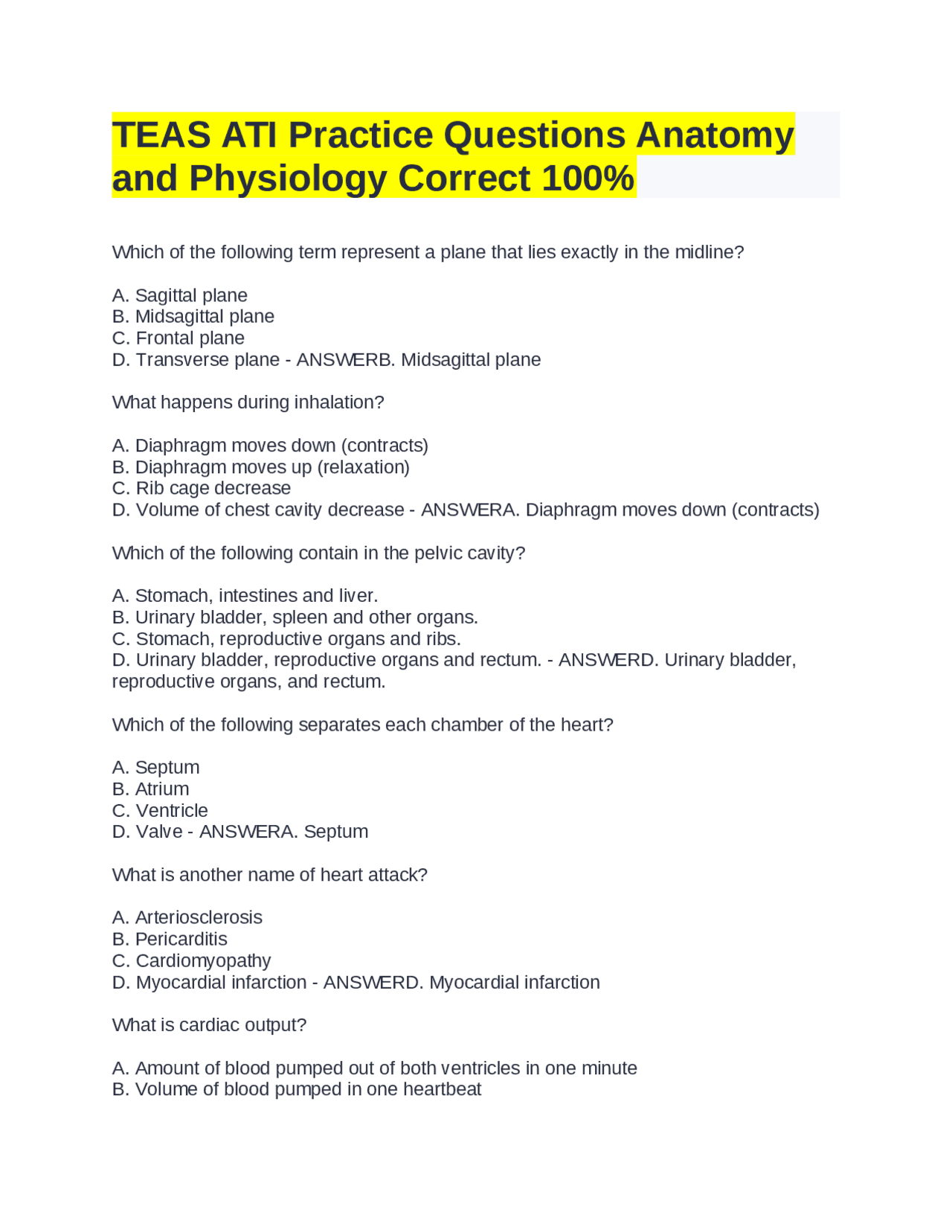 Anatomy and Physiology Practice Questions | Exams Nursing | Docsity