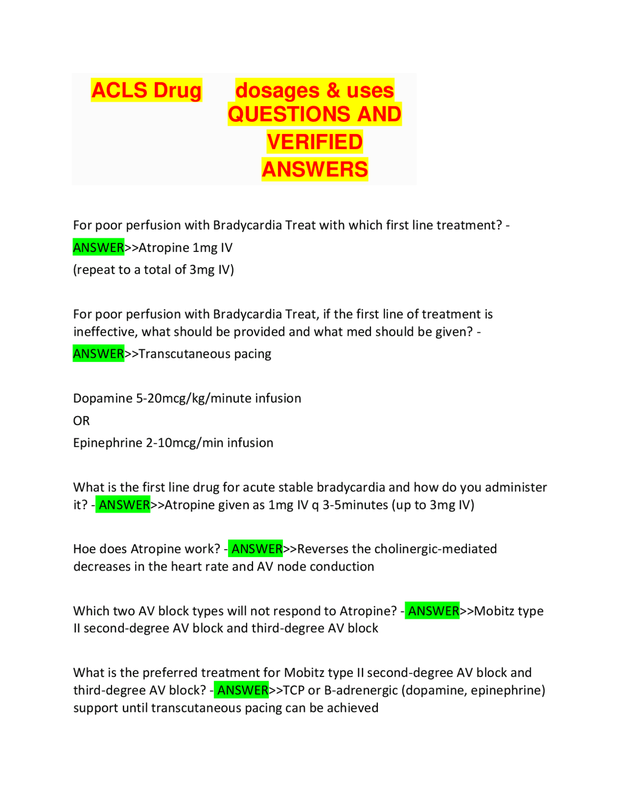 ACLS Drug dosages & uses QUESTIONS AND VERIFIED ANSWERS | Exams Nursing ...