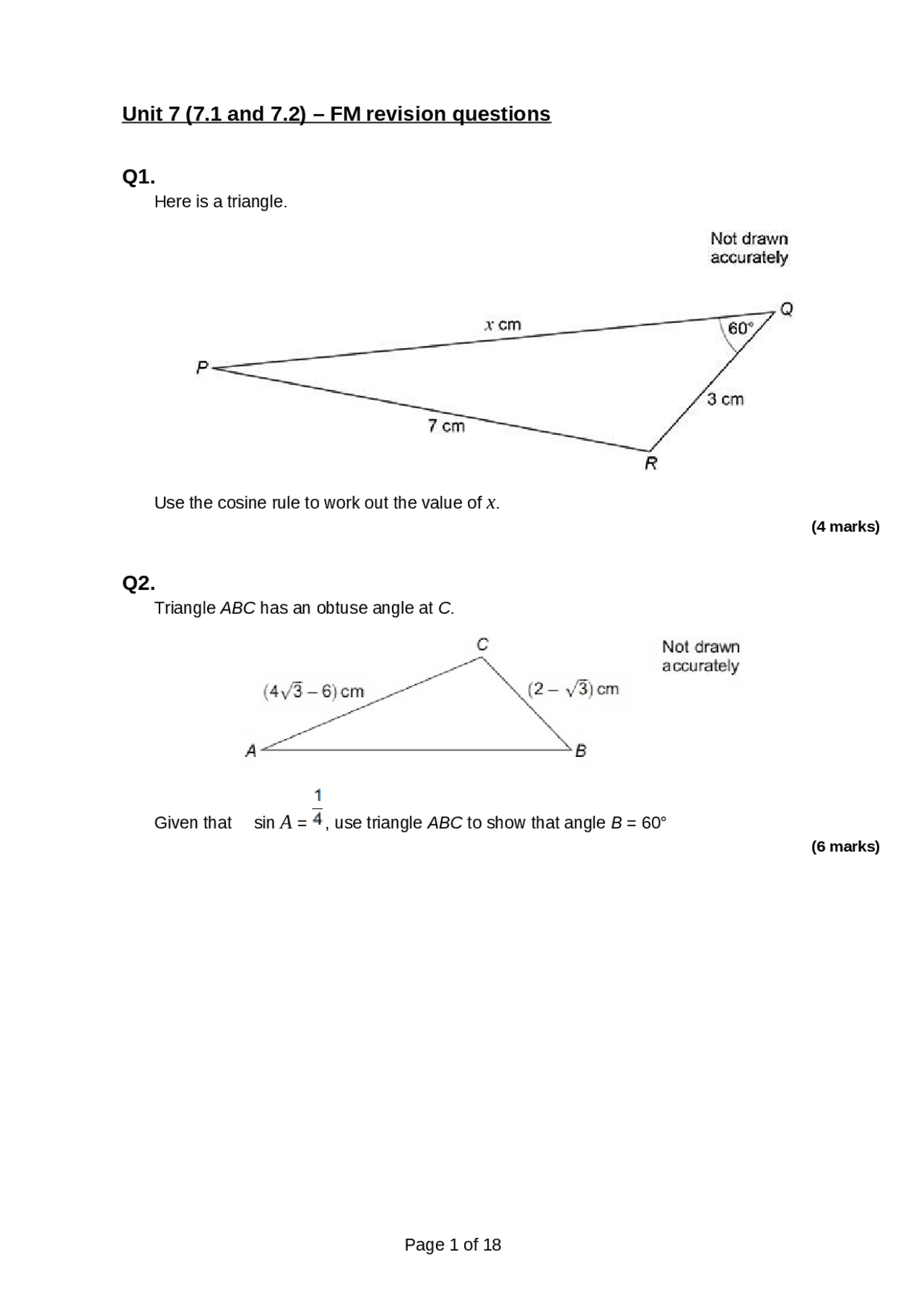Trigonometry Revision Questions: Unit 7 (7.1 and 7.2) - FM | Exercises ...