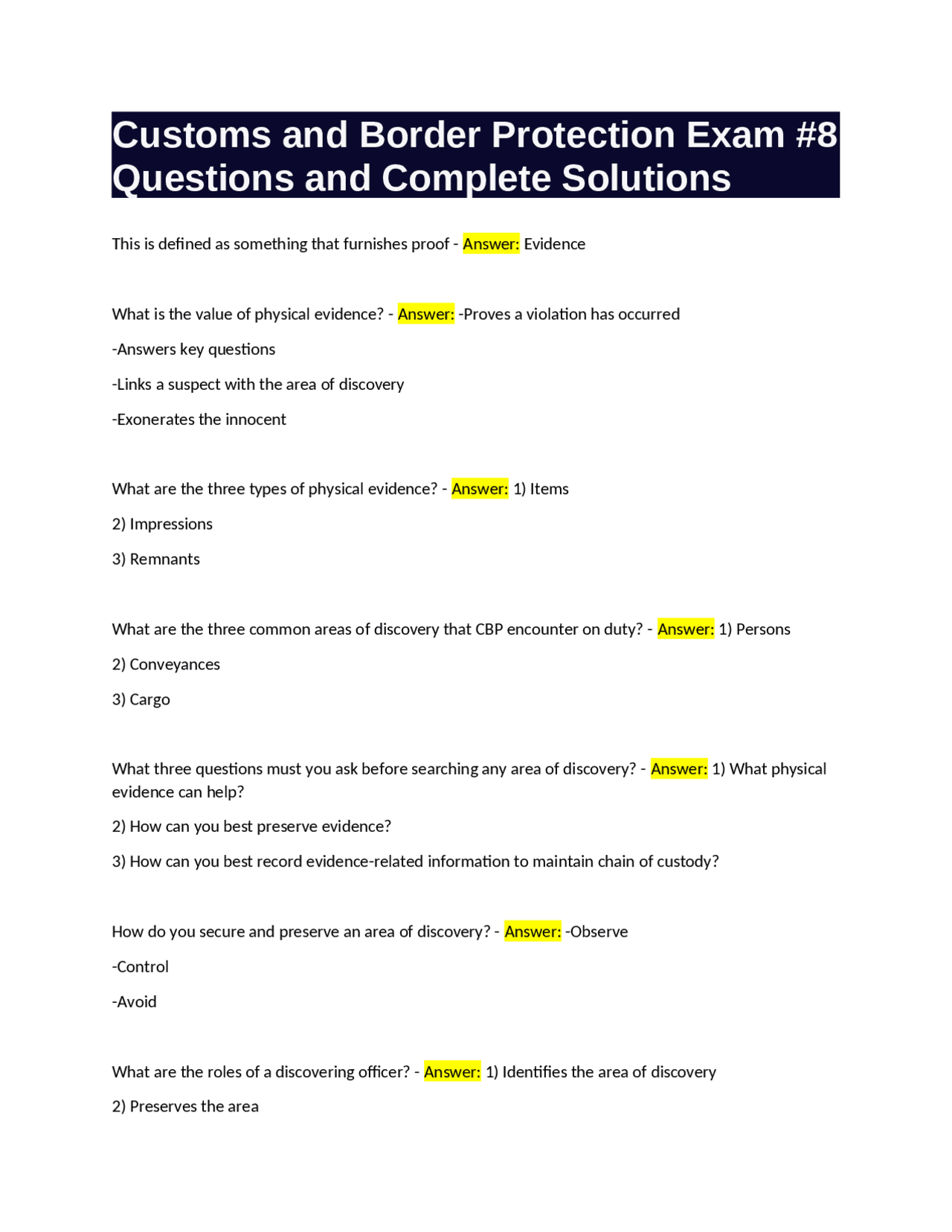 Customs and Border Protection Exam #8: Questions and Complete Solutions ...