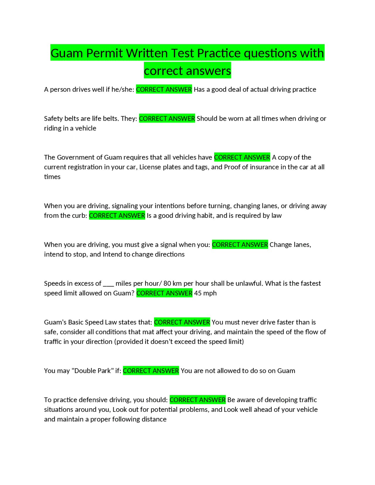 Guam Permit Written Test Practice Questions | Exams Law | Docsity