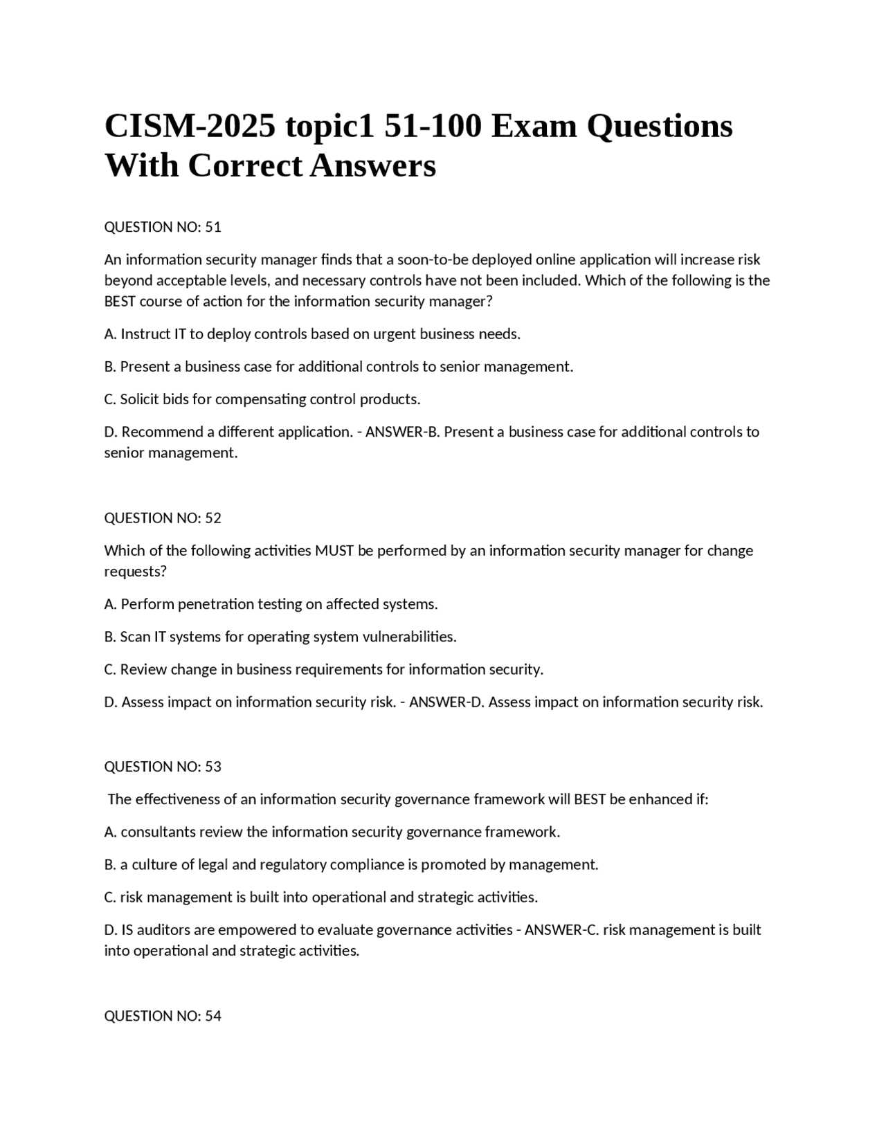 CISM-2025 Topic 1 Exam Questions (51-100) with Correct Answers | Exams ...