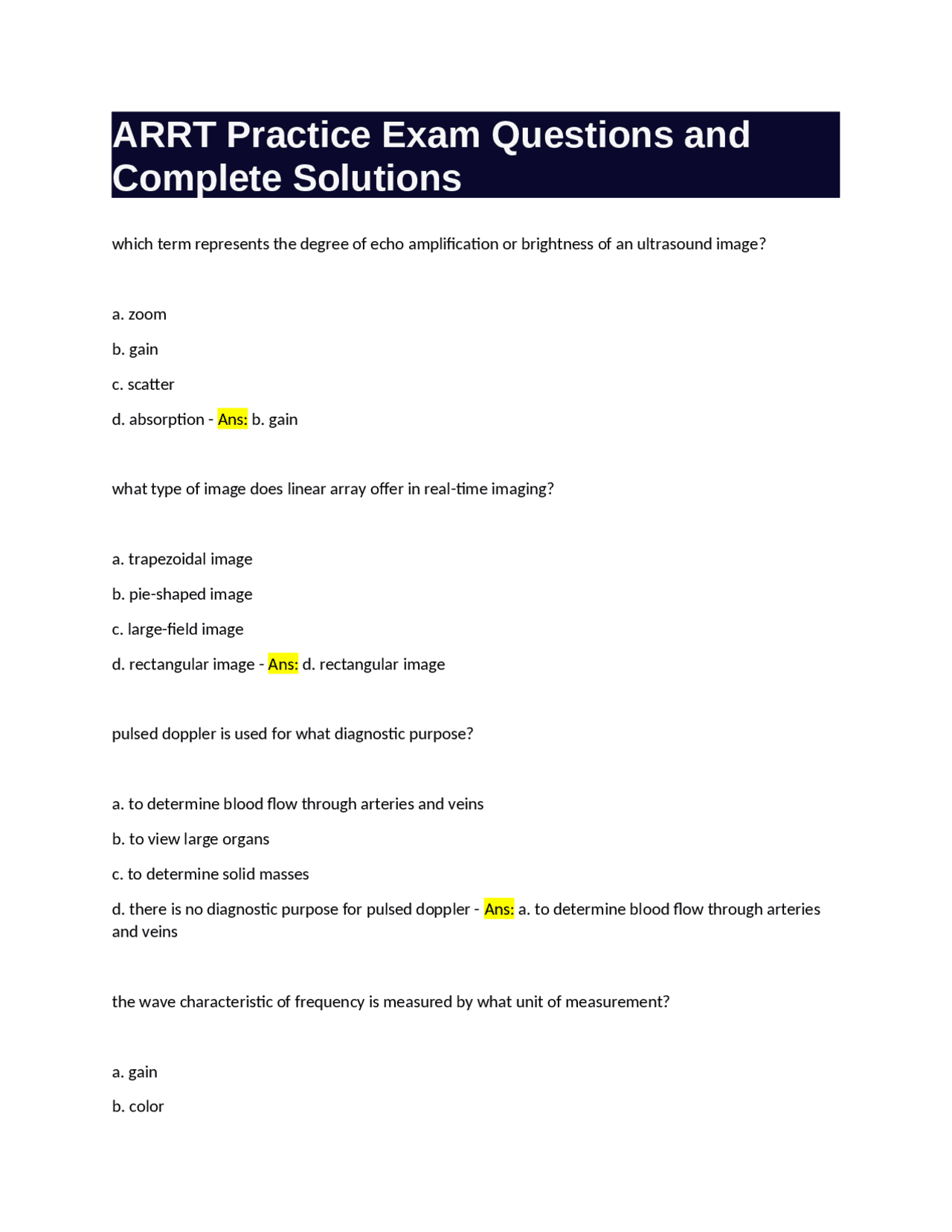 ARRT Practice Exam Questions and Complete Solutions for Ultrasound ...
