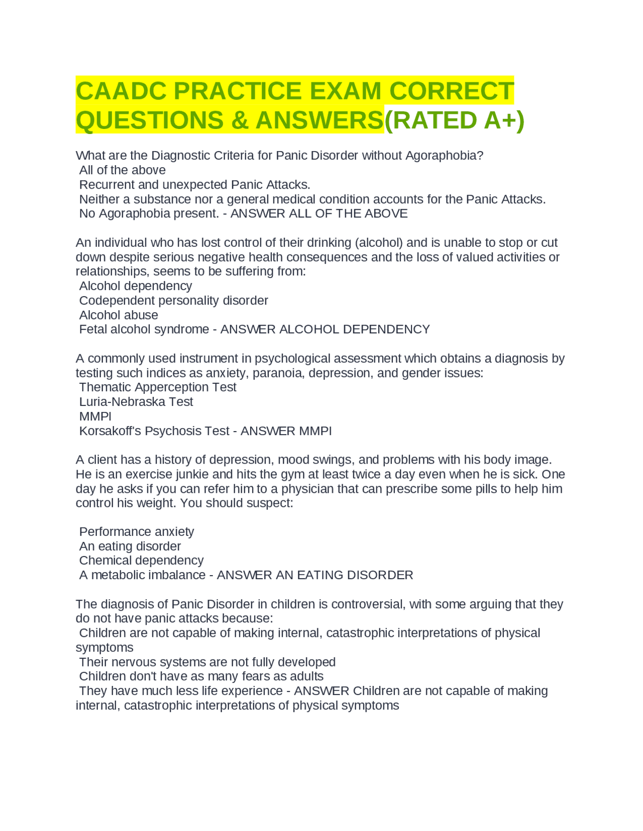 CAADC Practice Exam: Correct Questions & Answers (Rated A+) | Exams ...