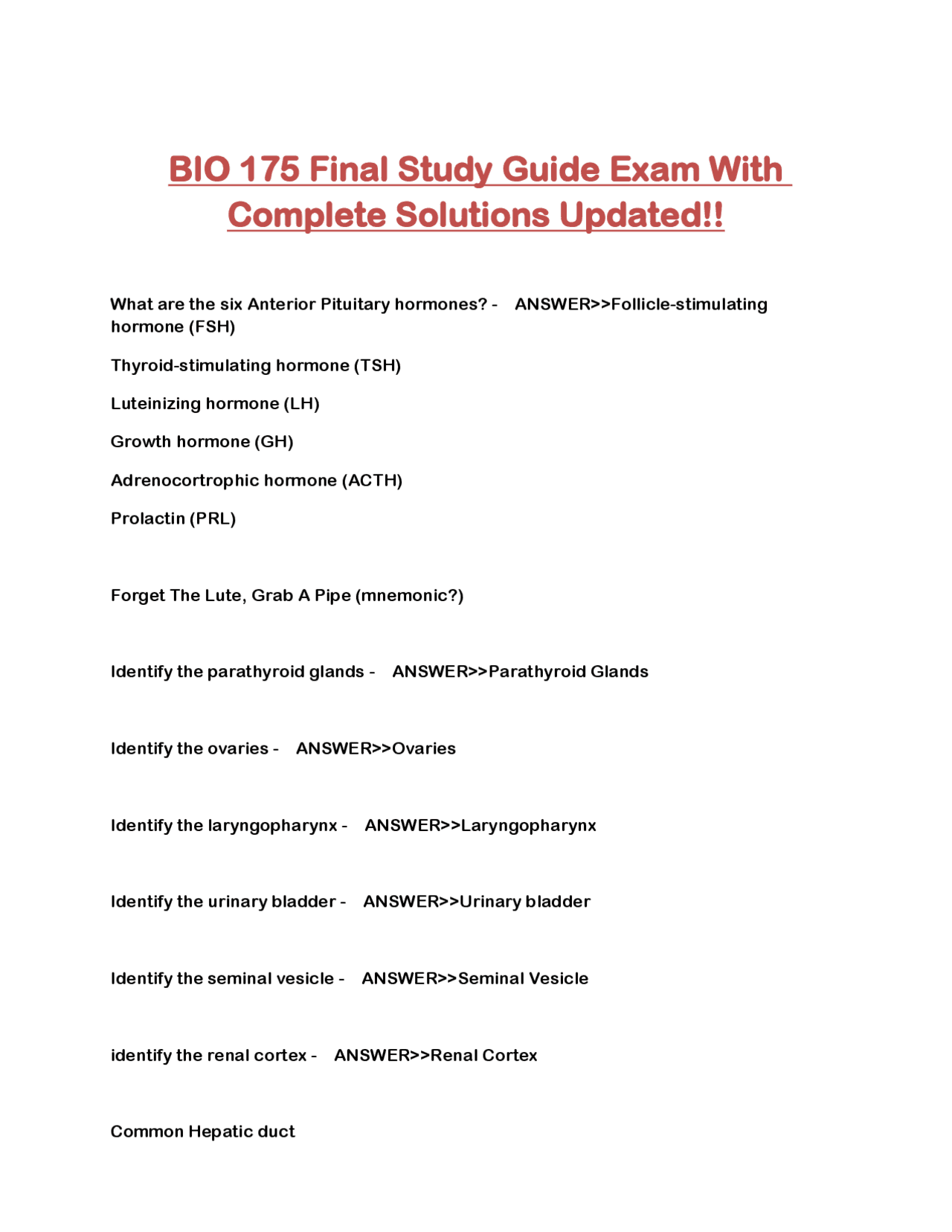 BIO 175 Final Study Guide Exam With Complete Solutions: Human Anatomy ...