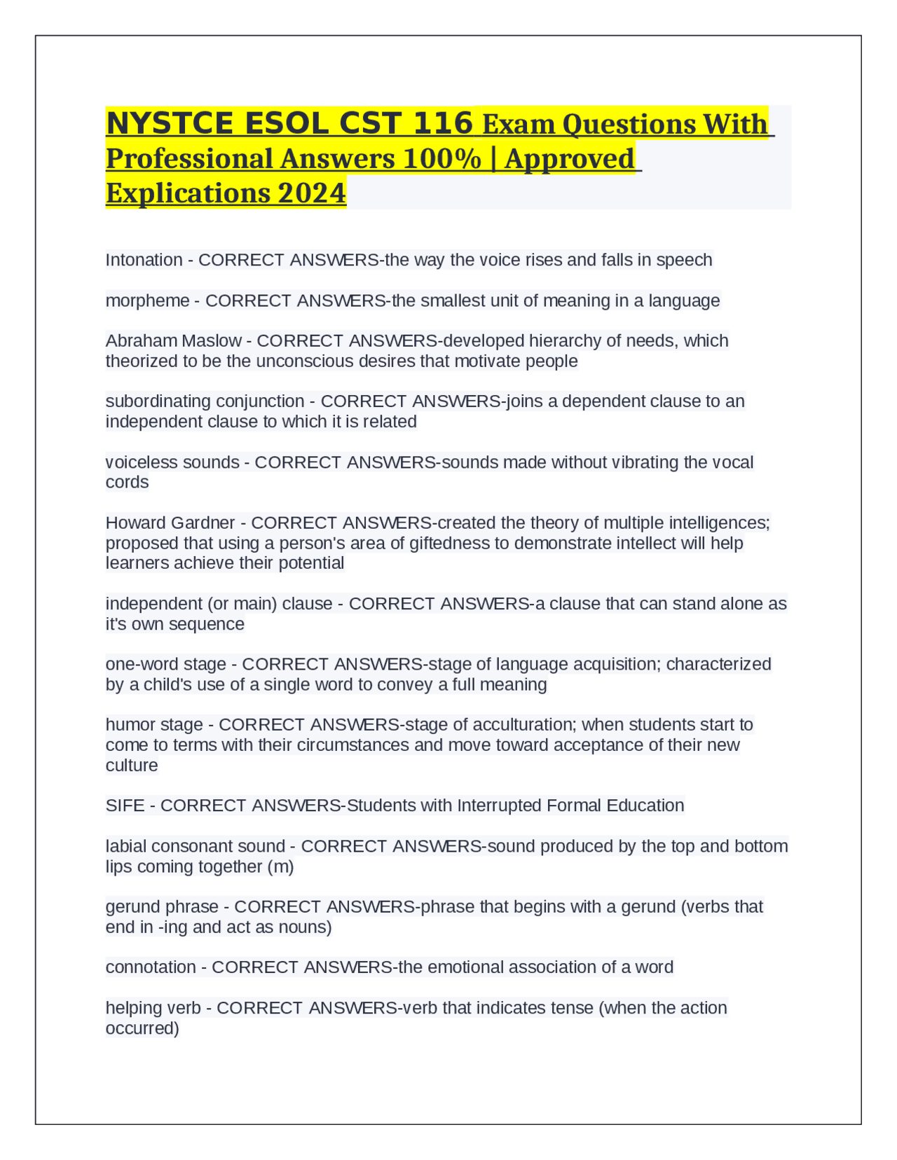 NYSTCE ESOL CST 116 Exam Questions and Answers: A Comprehensive Guide ...