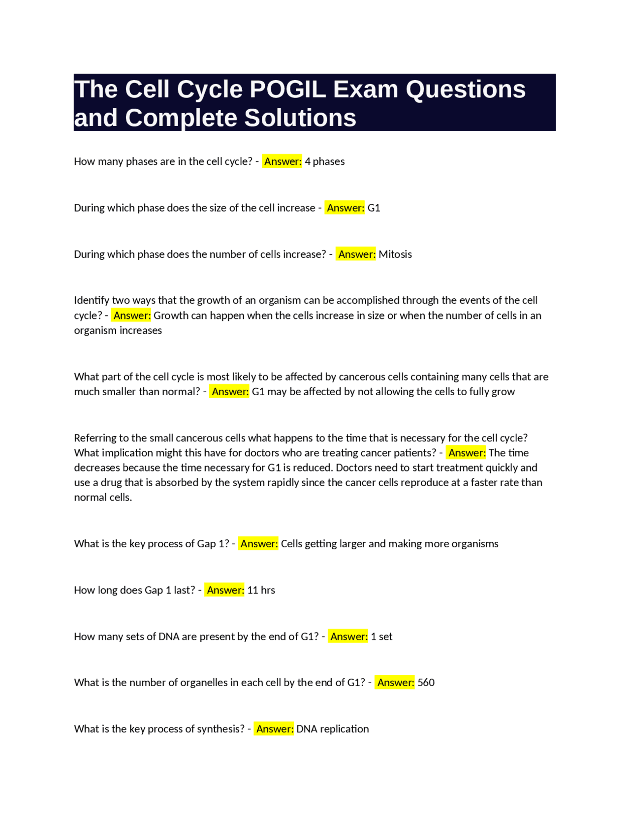 The Cell Cycle POGIL Exam Questions and Complete Solution1 | Exams ...