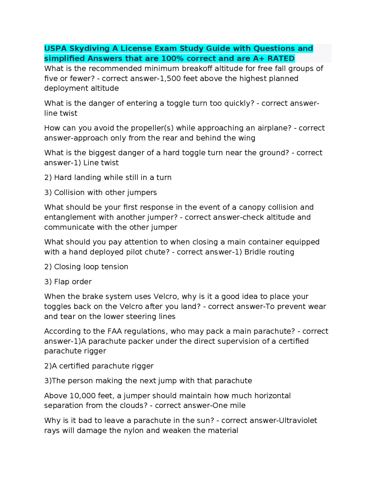 USPA Skydiving A License Exam Study Guide with Questions and simplified ...