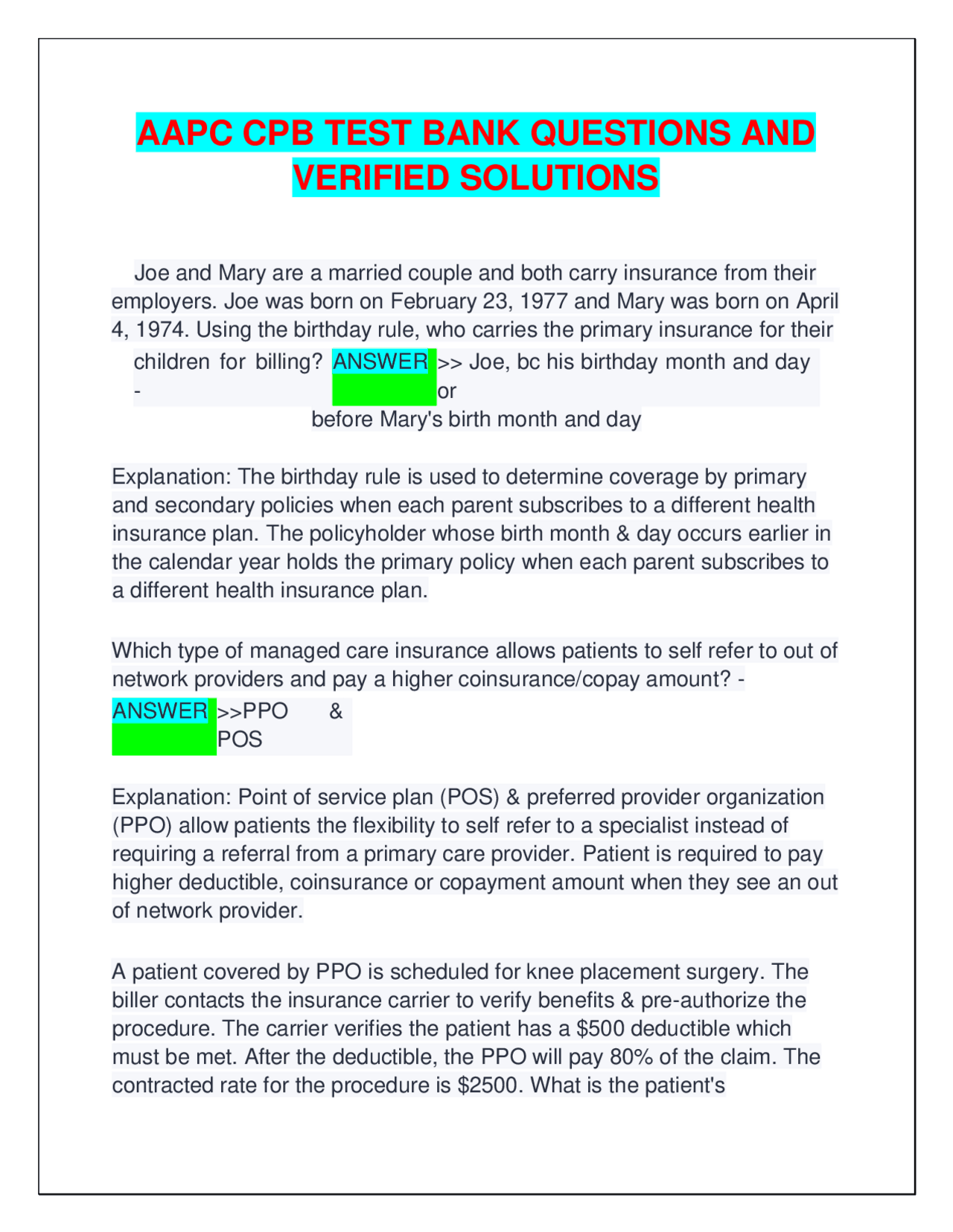 AAPC CPB TEST BANK QUESTIONS AND VERIFIED SOLUTIONS | Exams Nursing ...