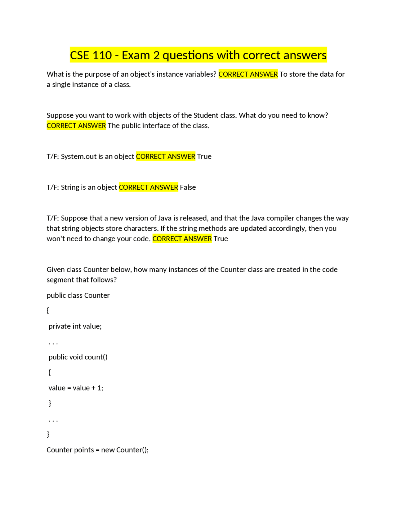 Cse 110 Exam 2 Questions And Answers Object Oriented Programming Concepts Exams Nursing Docsity