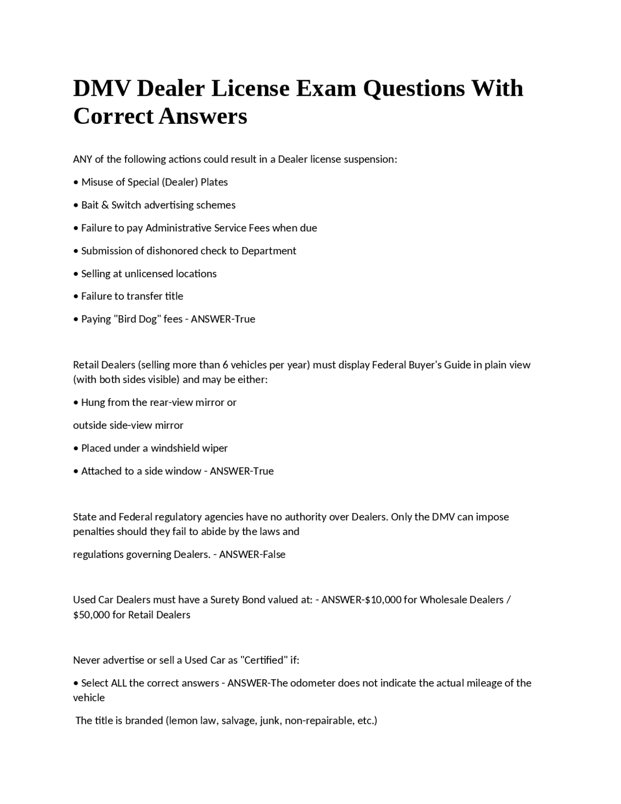 DMV Dealer License Exam Questions and Answers | Exams Business Systems ...