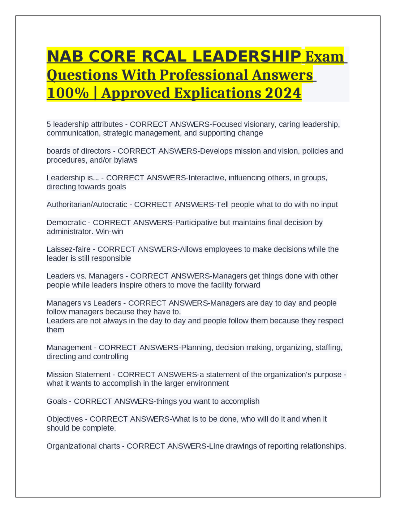 NAB CORE RCAL Leadership Exam Questions and Answers | Exams Advanced ...