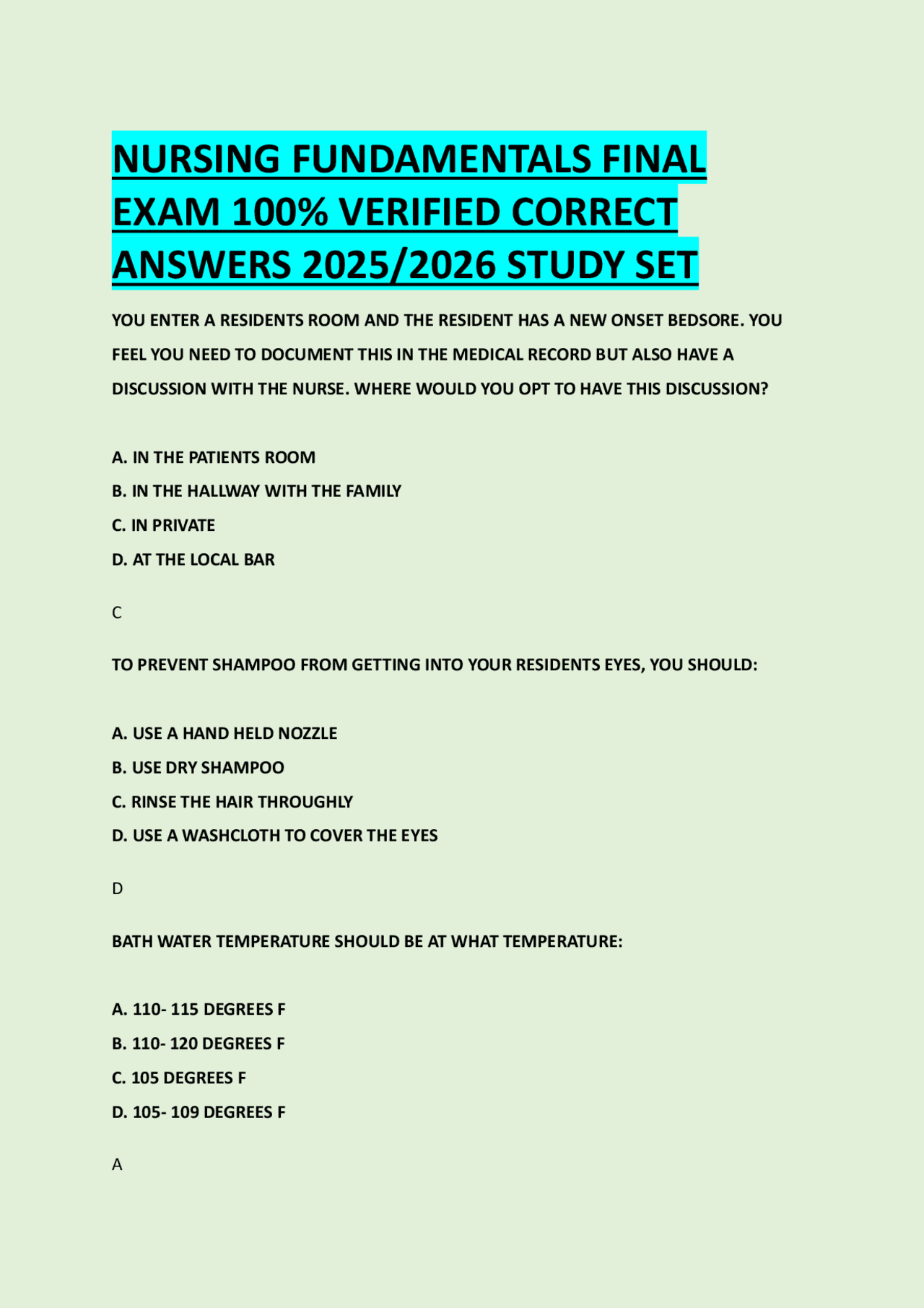 NURSING FUNDAMENTALS FINAL EXAM 100% VERIFIED CORRECT ANSWERS 2025/2026 ...