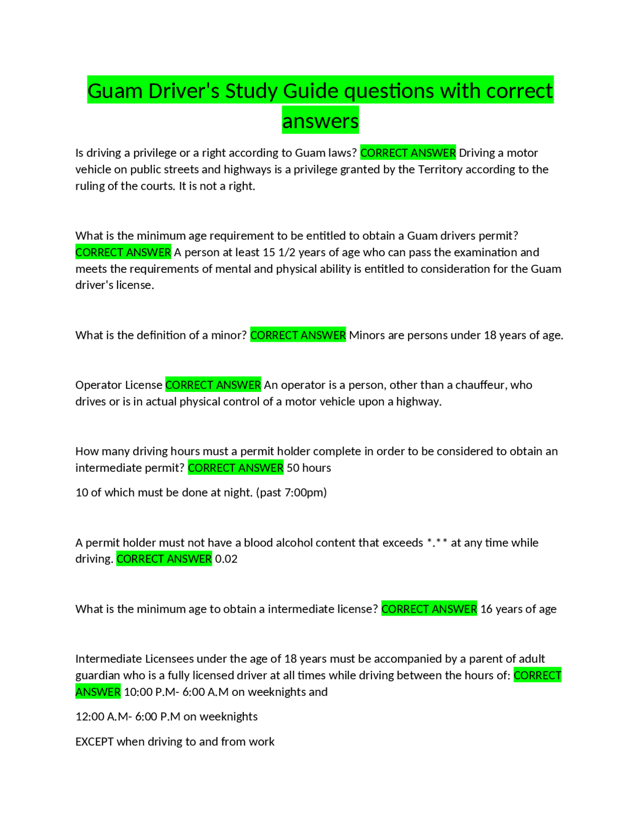 Guam Driver's License Study Guide: Questions and Answers | Exams Law ...