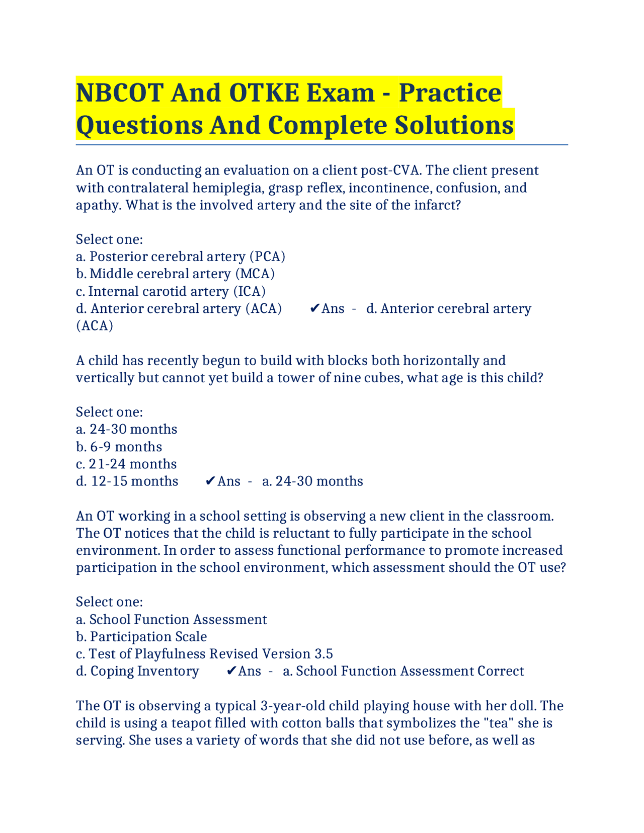 NBCOT and OTKE Exam Practice Questions and Complete Solutions for ...