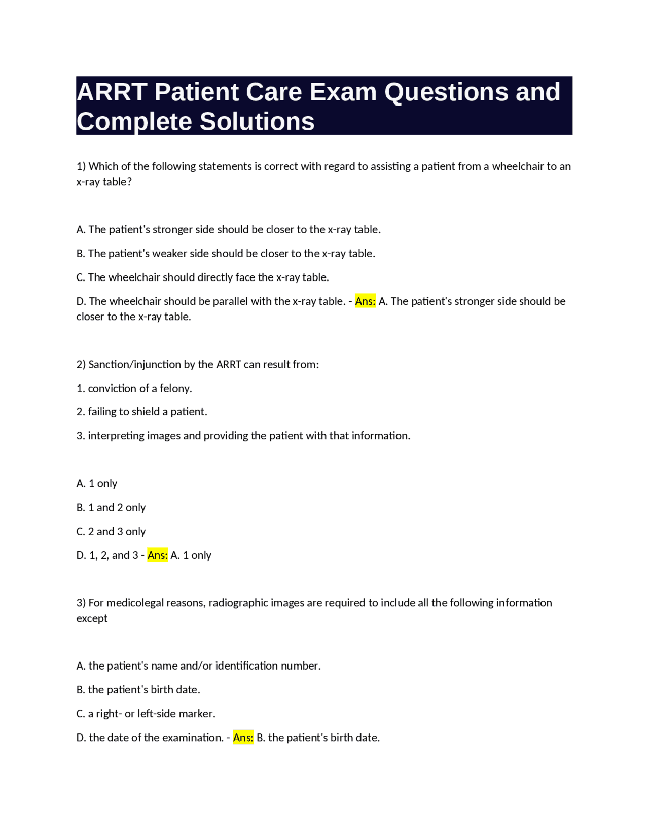 ARRT Patient Care Exam Questions and Complete Solutions | Exams Nursing ...