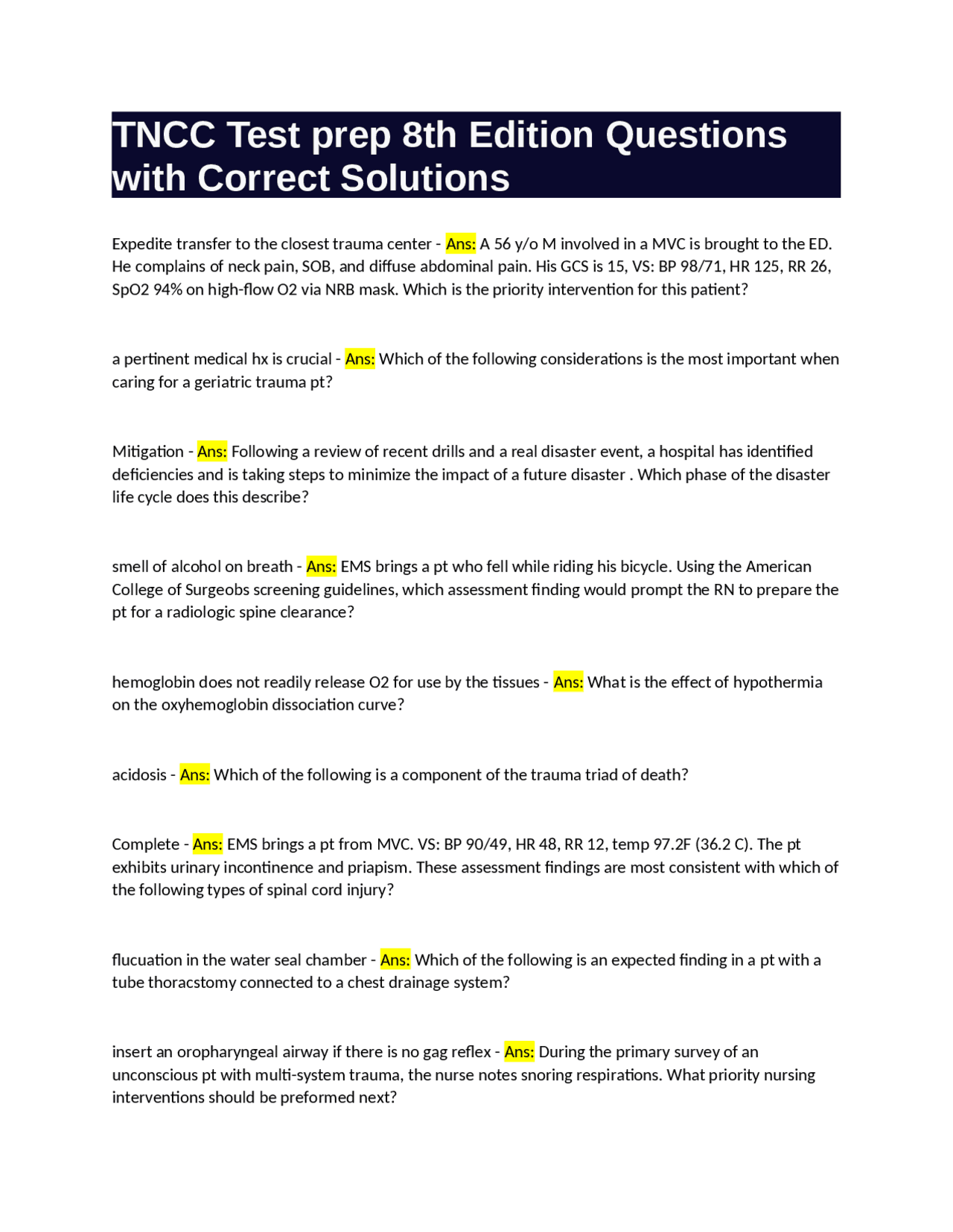 TNCC Test Prep: 8th Edition Questions and Answers | Exams Nursing | Docsity