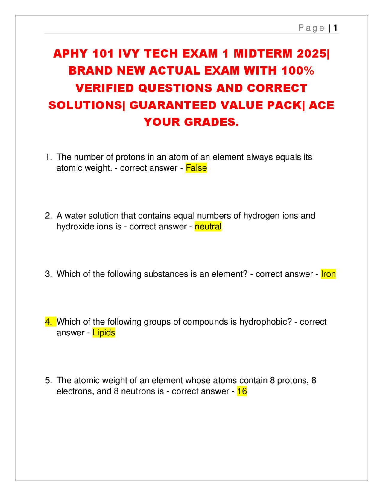 APHY 101 IVY TECH EXAM 1 MIDTERM 2025| BRAND NEW ACTUAL EXAM. | Exams ...