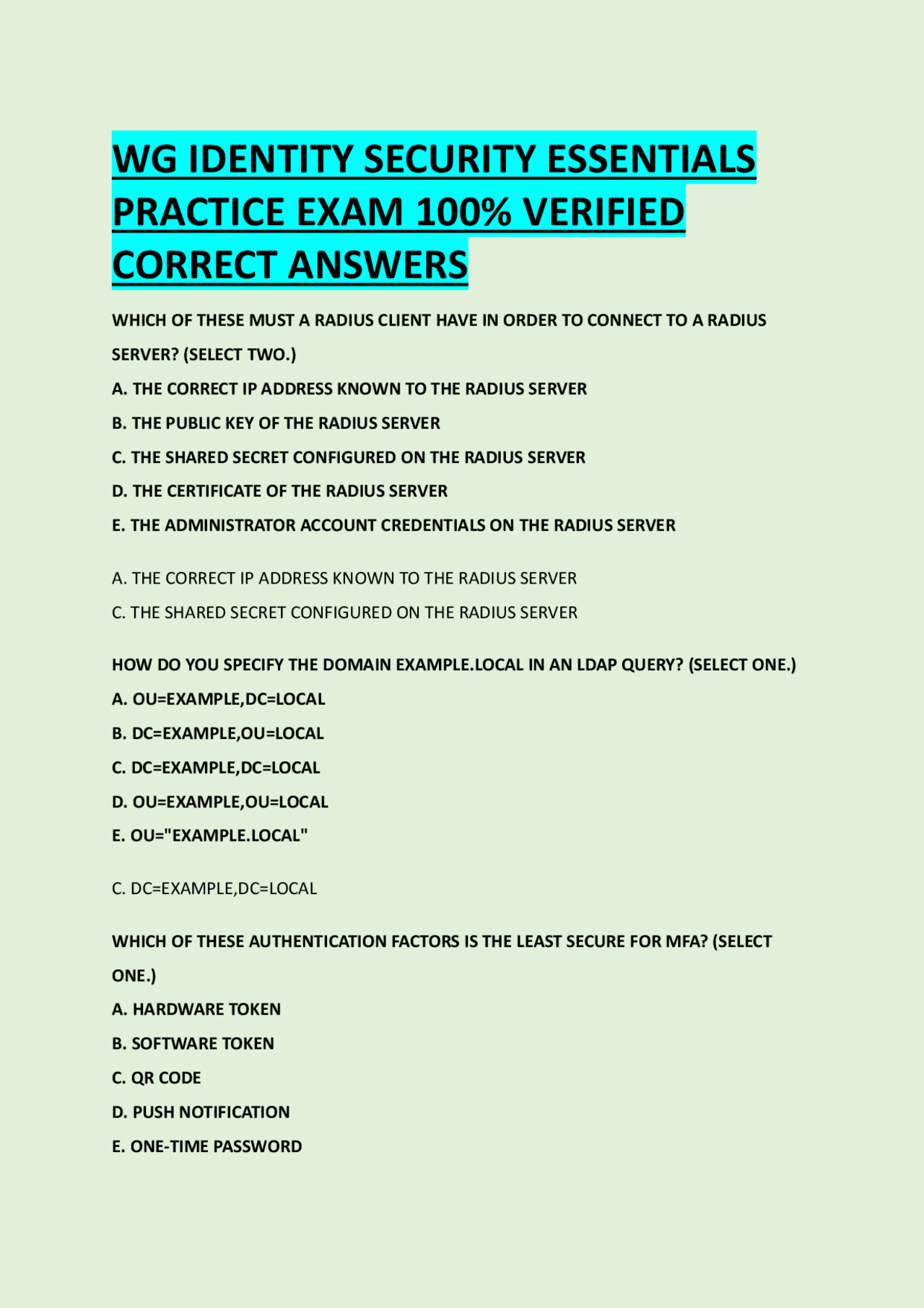 WG IDENTITY SECURITY ESSENTIALS PRACTICE EXAM 100% VERIFIED CORRECT ANSWERS | Exams Organization ...