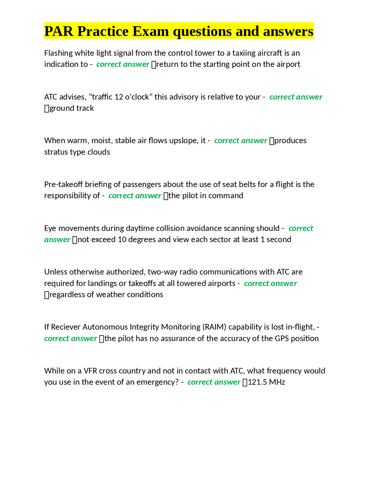PAR Practice Exam Questions and Answers: Aviation | Exams Banking Law ...