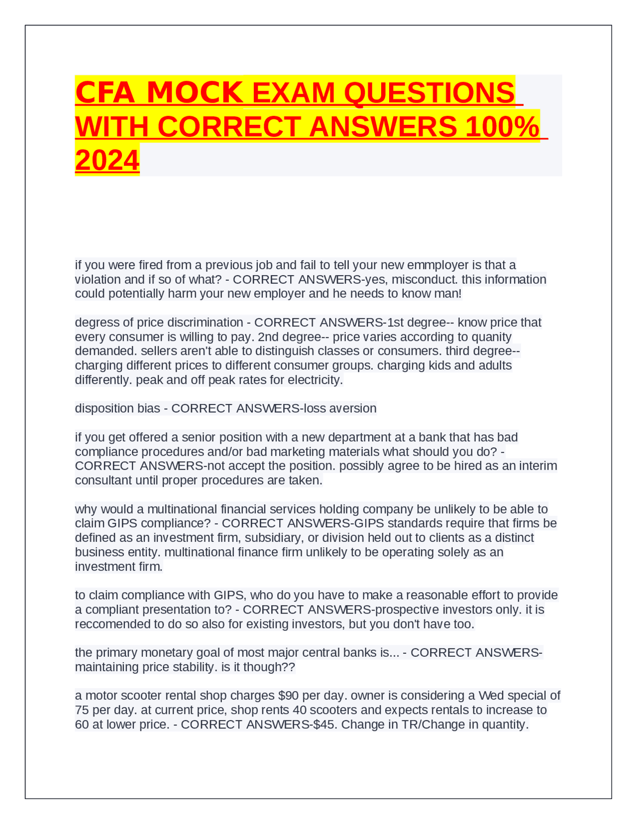 CFA Mock Exam Questions with Correct Answers | Exams Advanced Education ...