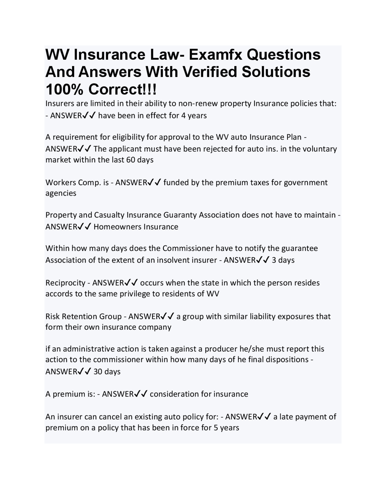 WV Insurance Law- Examfx Questions And Answers With Verified Solutions 100% Correct!!! | Exams ...