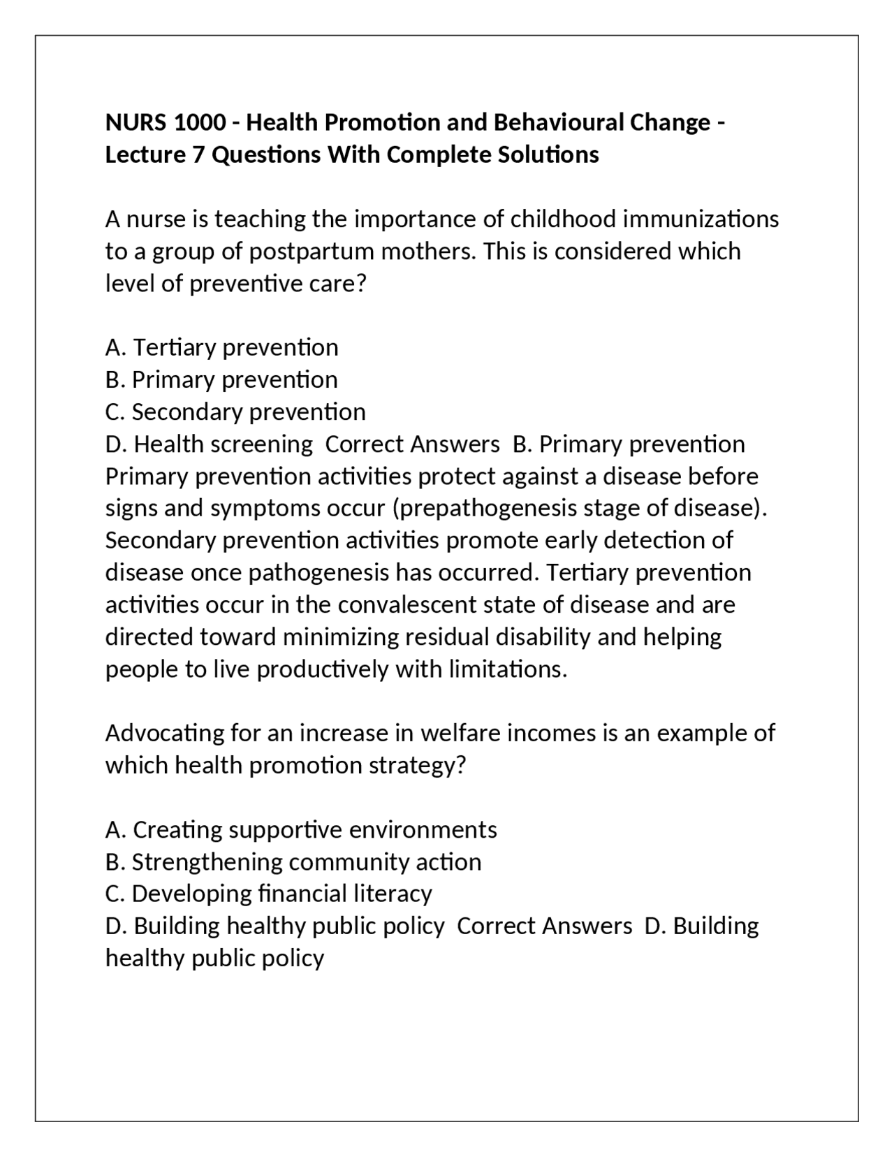 Health Promotion & Behavioural Change: Lecture 7 Questions | Exams ...