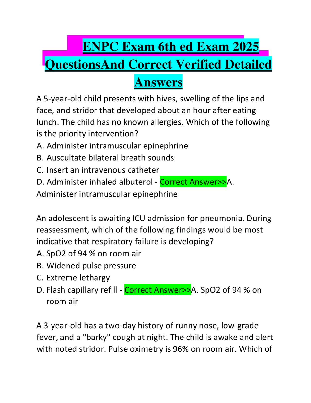 ENPC Exam 6th Edition: Practice Questions and Answers | Exams Nursing ...