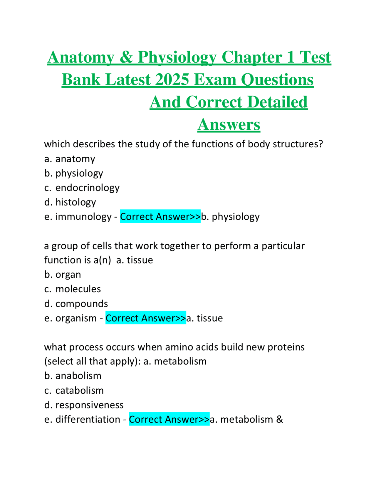Anatomy & Physiology Chapter 1 Test Bank: Latest 2025 Exam Questions ...