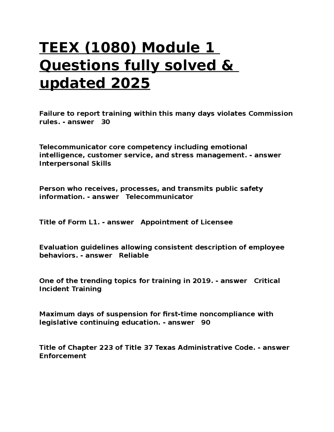 TEEX (1080) Module 1: Questions and Answers for Public Safety ...