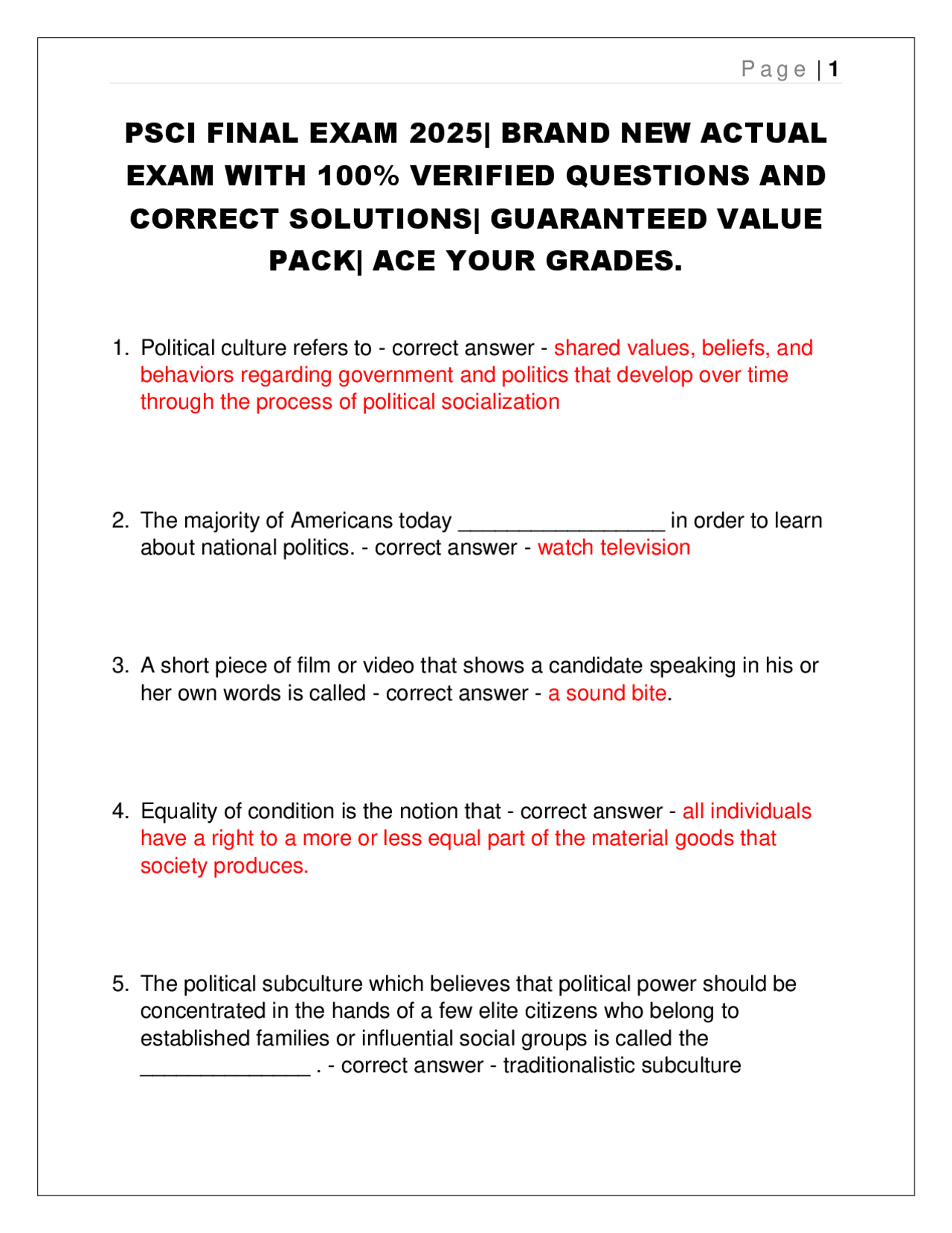 Political Science Final Exam: Multiple Choice Questions and Answers ...