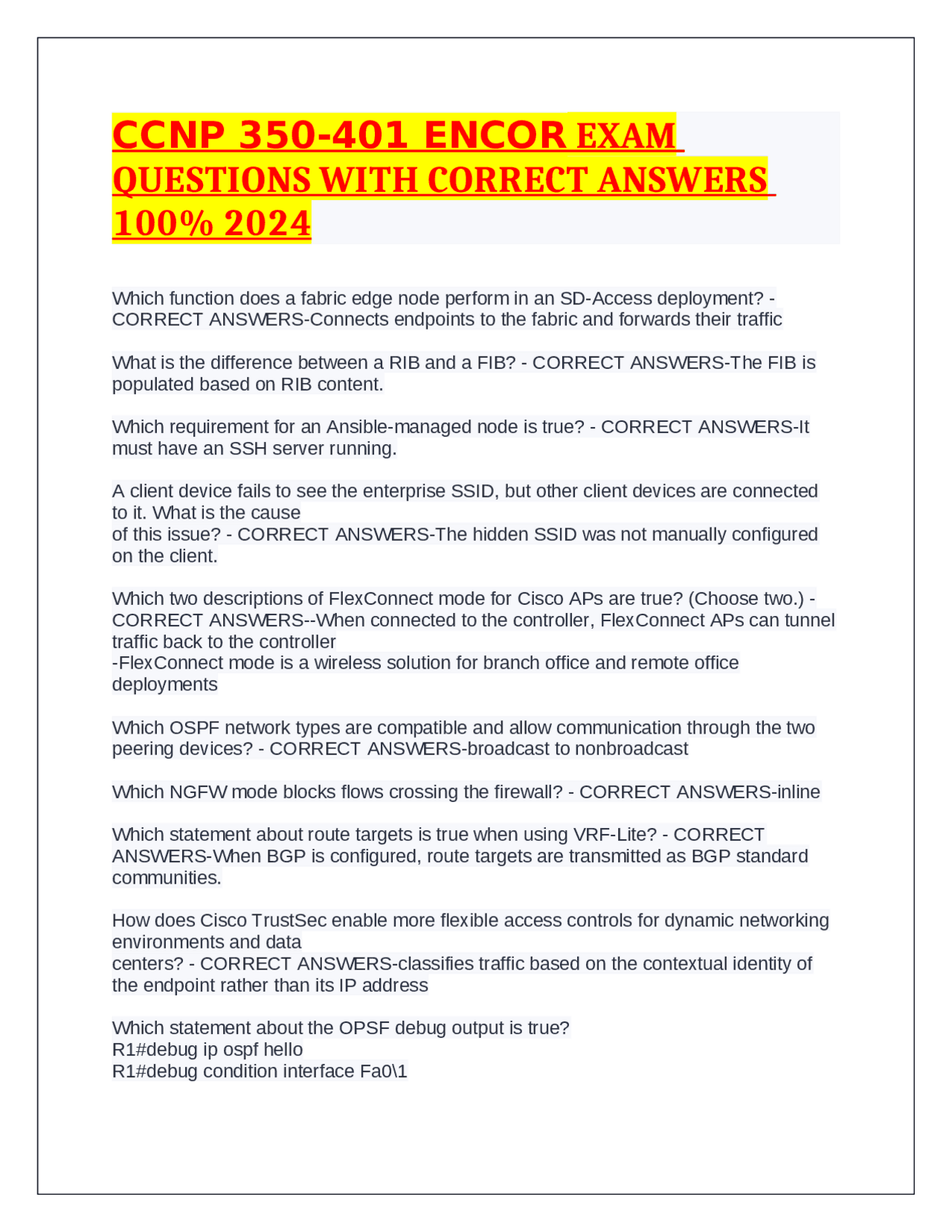 CCNP 350-401 ENCOR EXAM QUESTIONS WITH CORRECT ANSWERS 100% 2024 | Exams Advanced Education ...