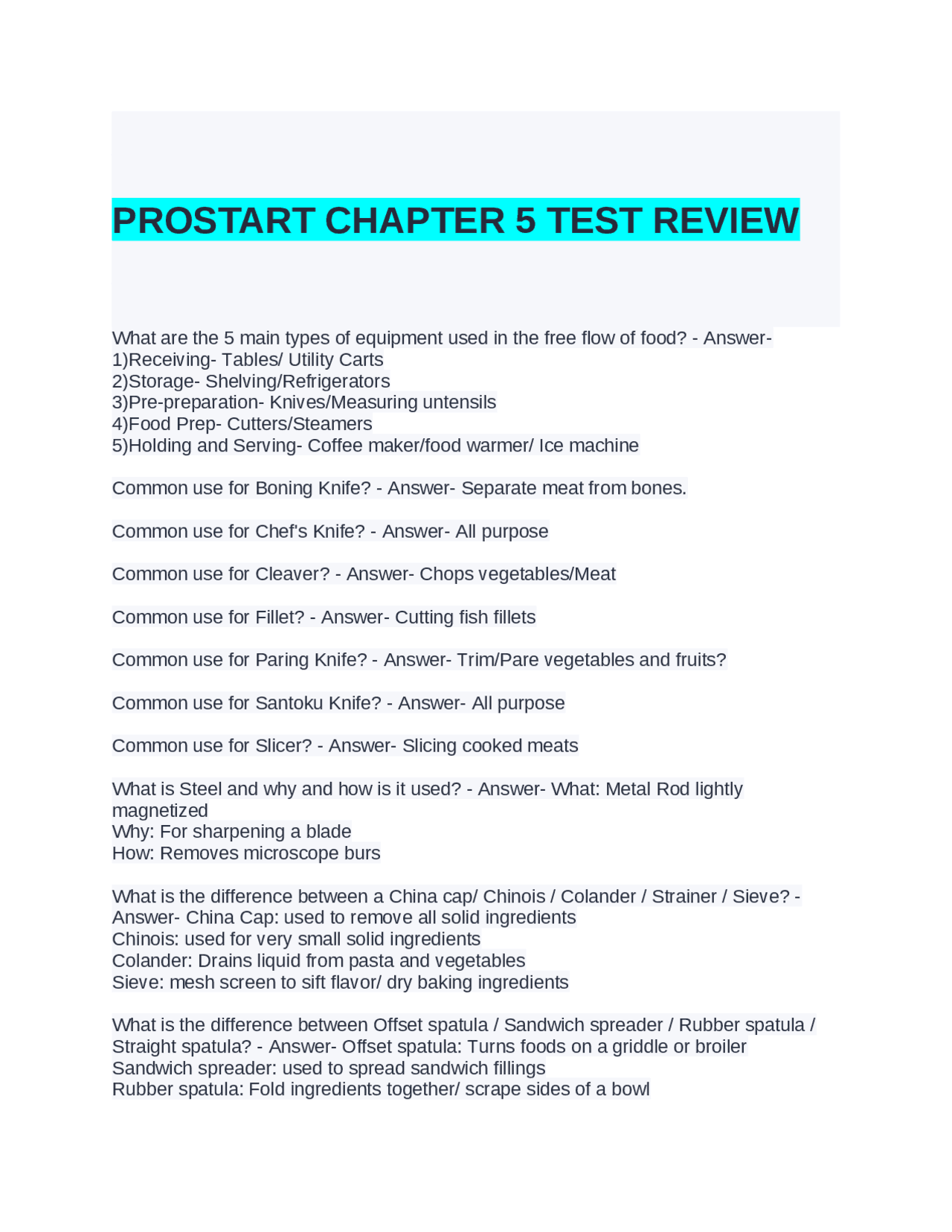 PROSTART CHAPTER 5 TEST REVIEW QUESTIONS AND ANSWERS | Exams Advanced ...