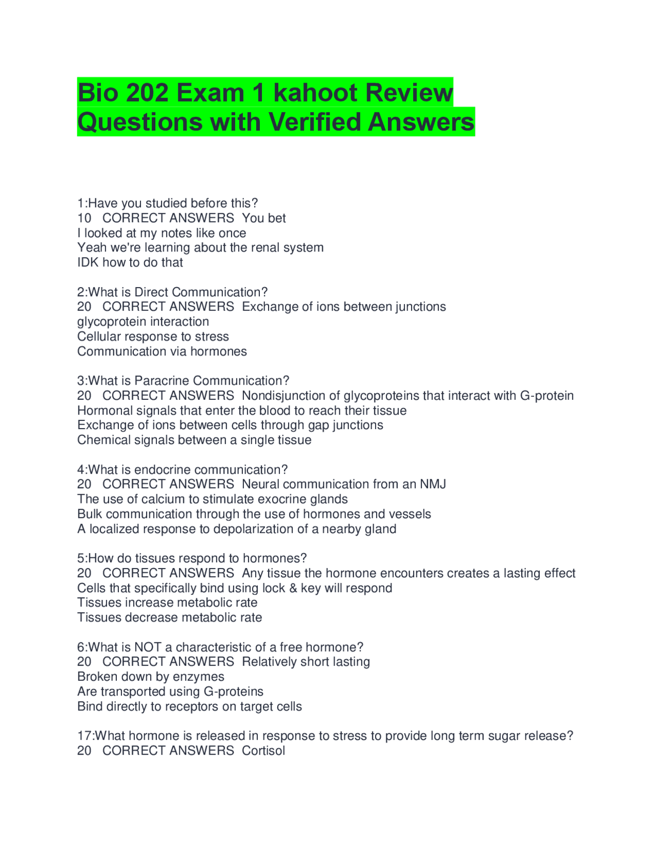 Bio 202 Exam 1 Kahoot Review: Questions and Answers on the Endocrine ...