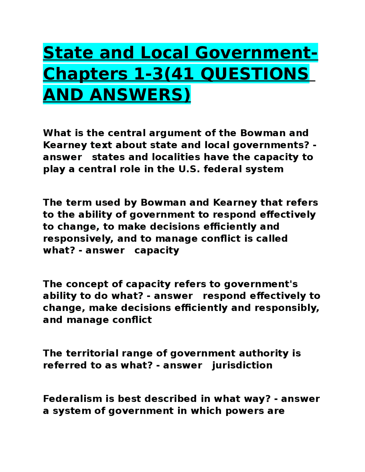 State and Local Government: Chapters 1-3 (41 Questions and Answers ...