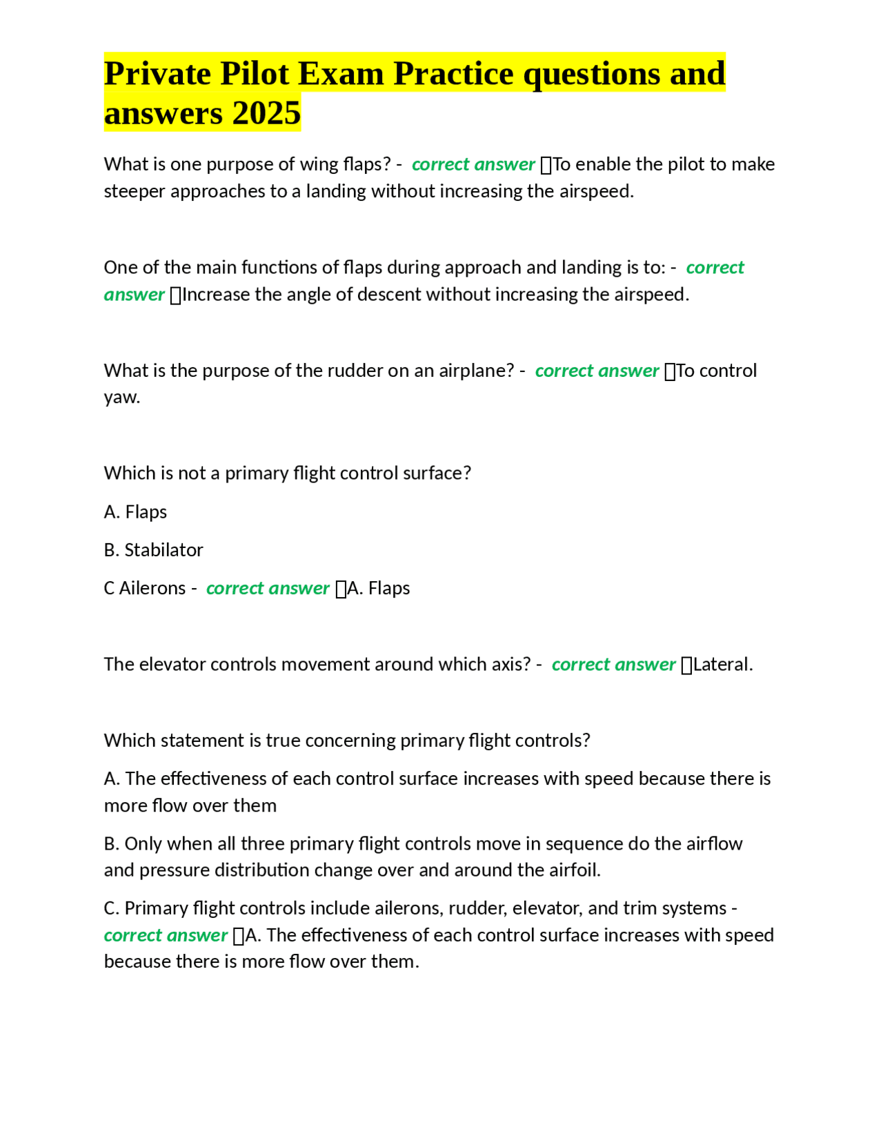 Private Pilot Exam Practice: Aerodynamics, Controls, Systems | Exams Nursing | Docsity