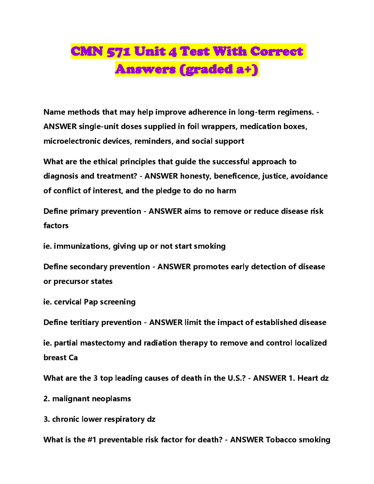 CMN 571 Unit 4 Test: Key Concepts and Practice Questions for Health ...